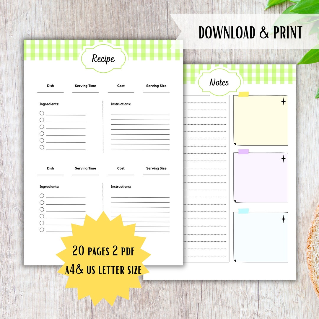 Printable Recipe Sheet, Blank Recipe Pages, Recipe Card, Cook Book ...
