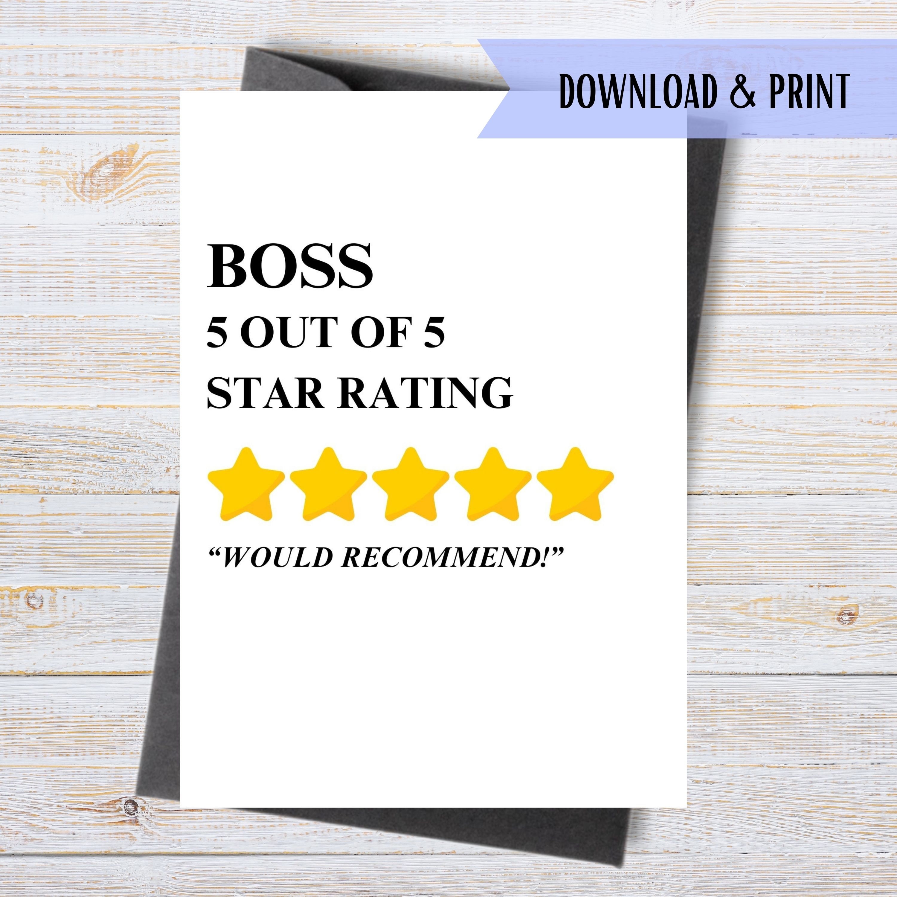 Happy Boss's Day Card, Printable Boss's Birthday Card, 5 Star Boss ...