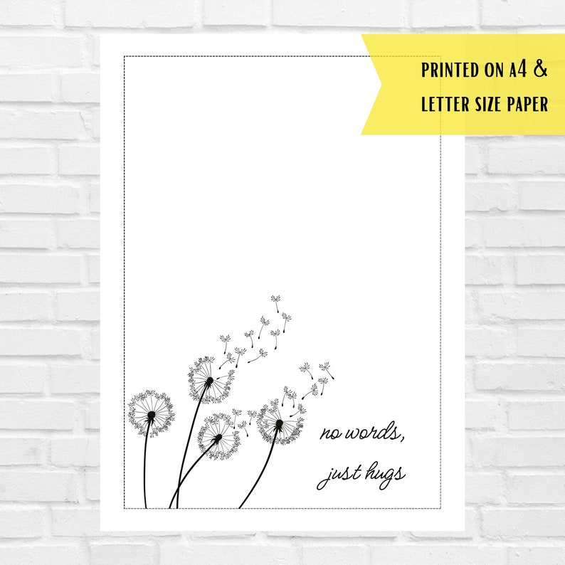 Printable Sympathy Card With Dandelion, No Words Just Hugs, Thinking of You Card for Friend ...