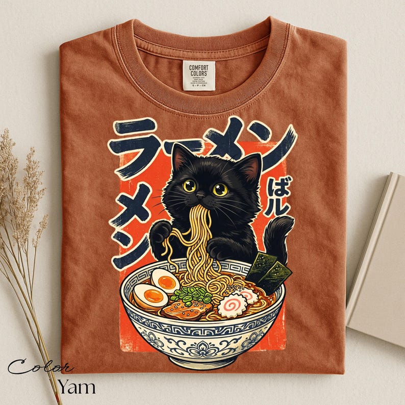 Black Cat Eating Noodles Tee, Ramen Lover Gift, Japanese Foodie Top ...
