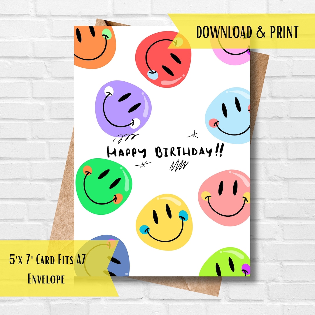 Happy Birthday Card, Smiley Face Card, Printable Birthday Template ...