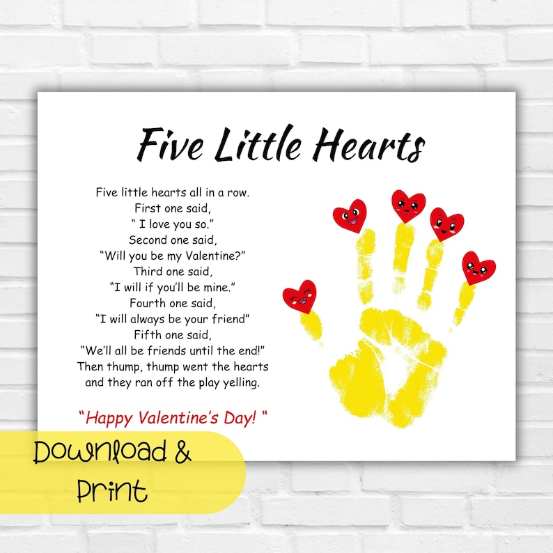 Valentine's Day Handprint Art, Five Little Hearts Poem, Preschool ...
