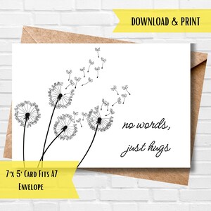 Printable Sympathy Card With Dandelion, No Words Just Hugs, Thinking of You Card for Friend ...