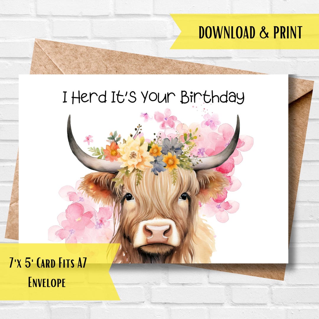 Highland Cow Birthday Card, Printable Birthday Card, Card With Cow ...