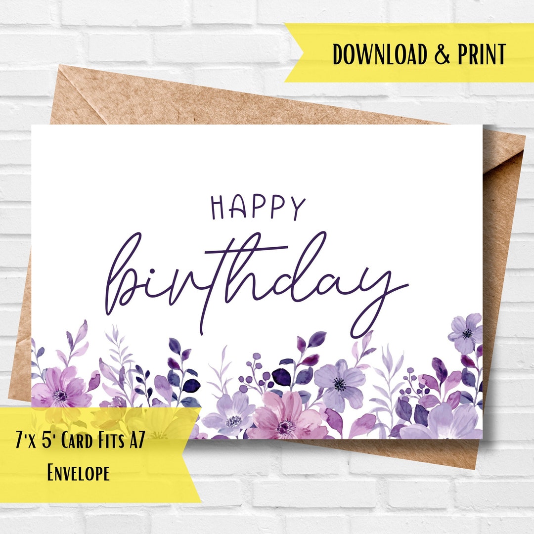 Printable Happy Birthday Flowers Card, Purple Floral Border, Birthday ...