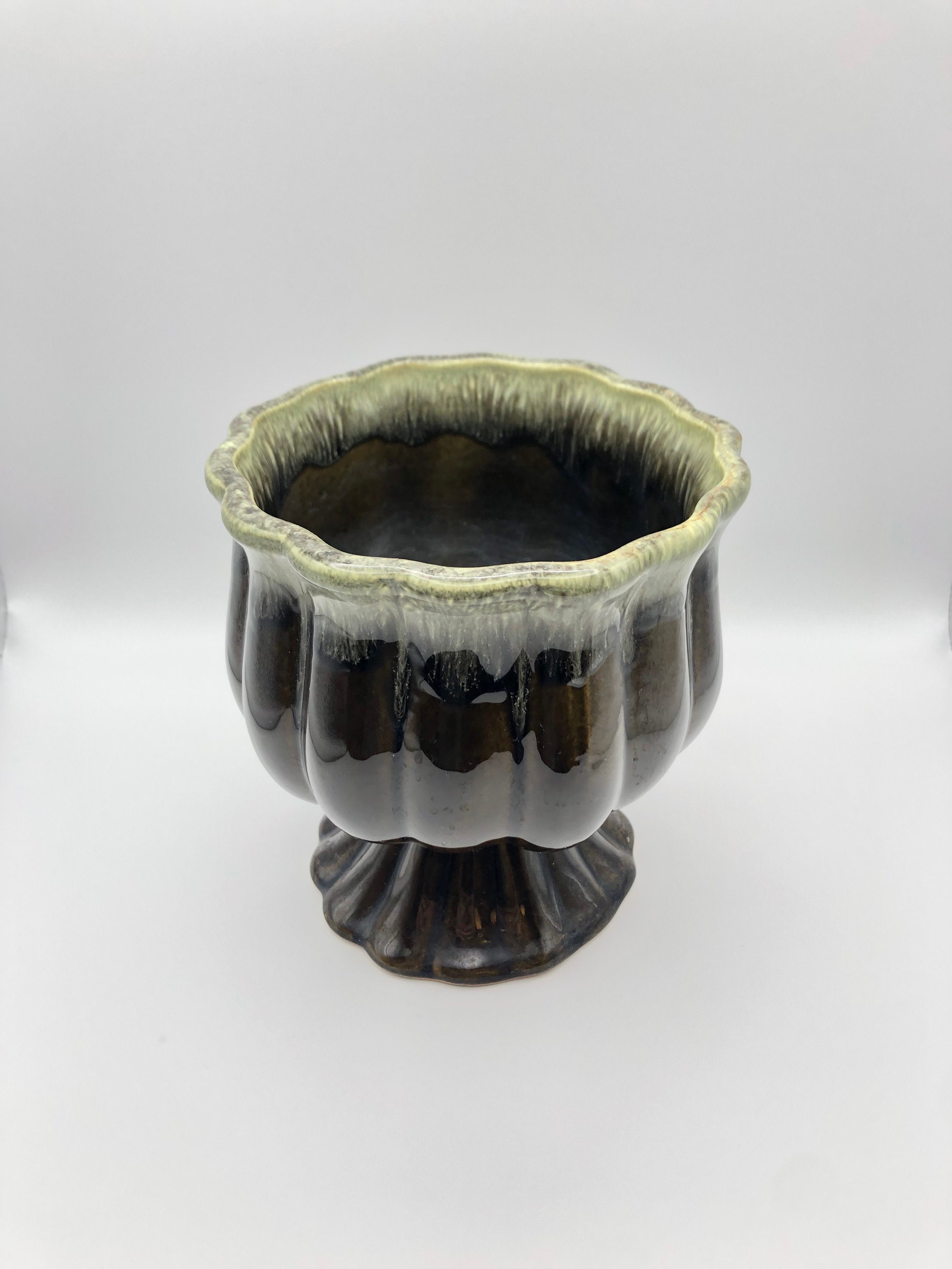 Flower Pot, Hull Pottery, Pedestal Planter, Green Flower Pot, Boho ...