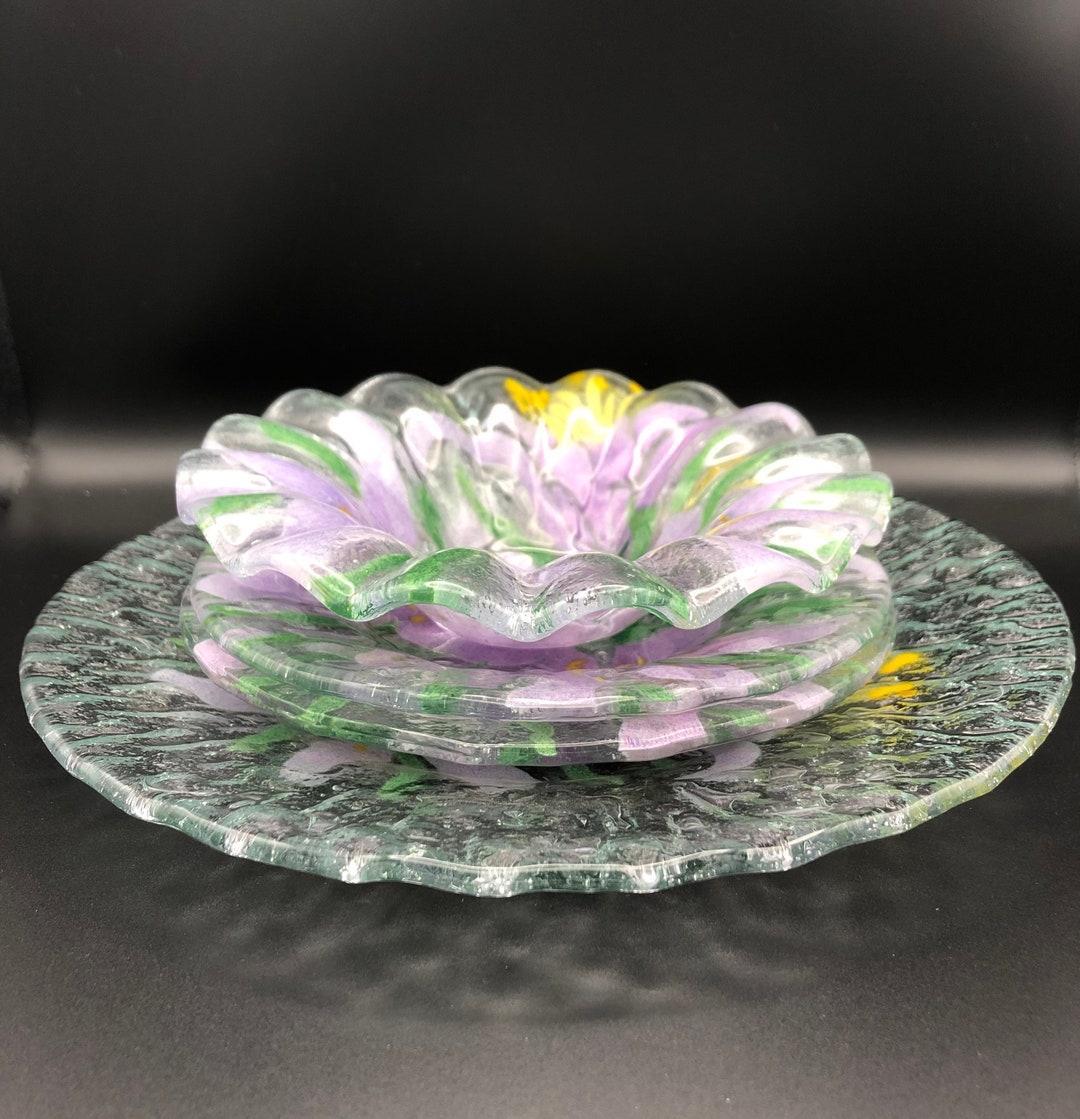 Glass Dishes With Purple Lily Motif. Set of 4. Handmade by ...