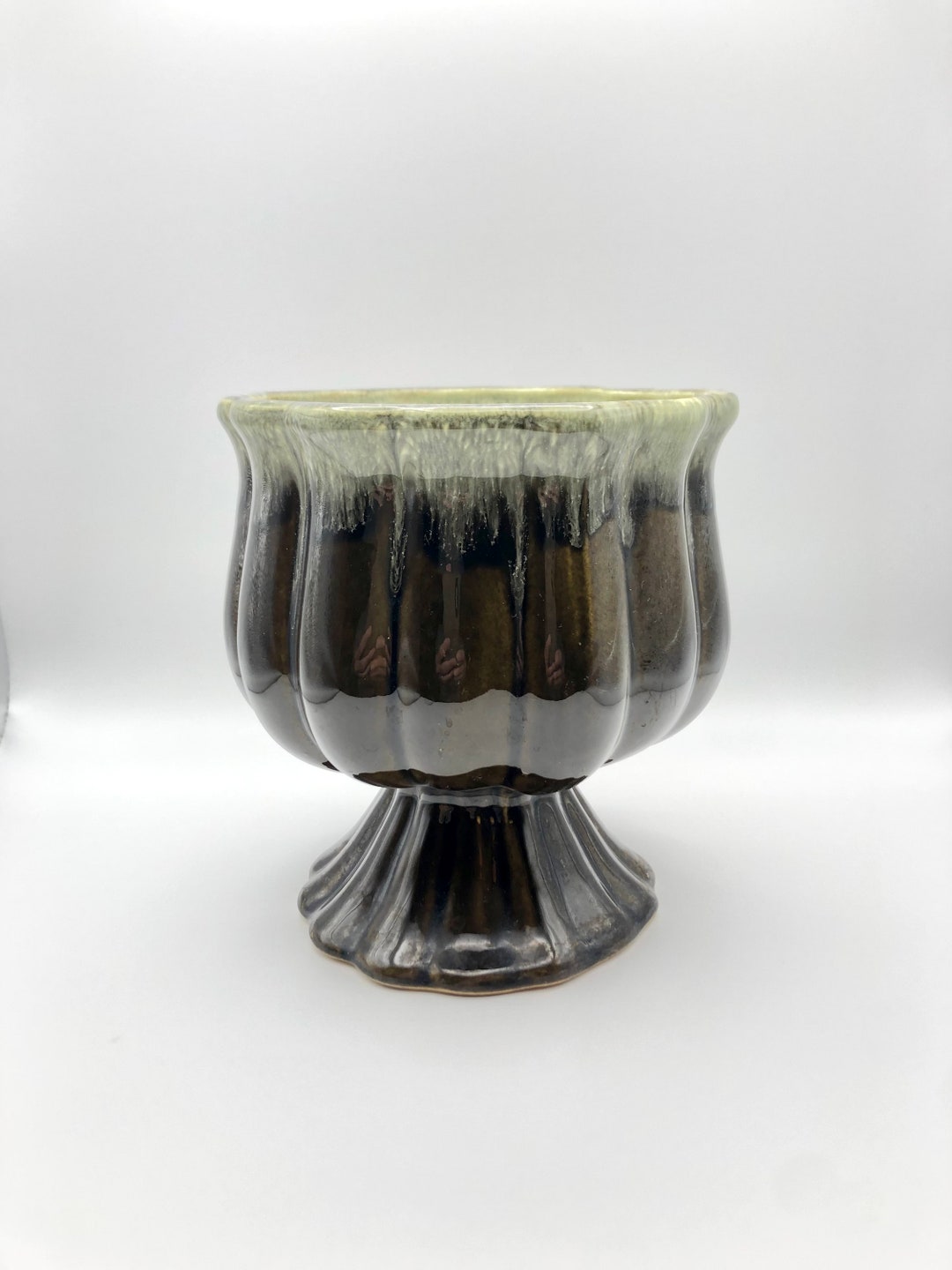 Flower Pot, Hull Pottery, Pedestal Planter, Green Flower Pot, Boho ...