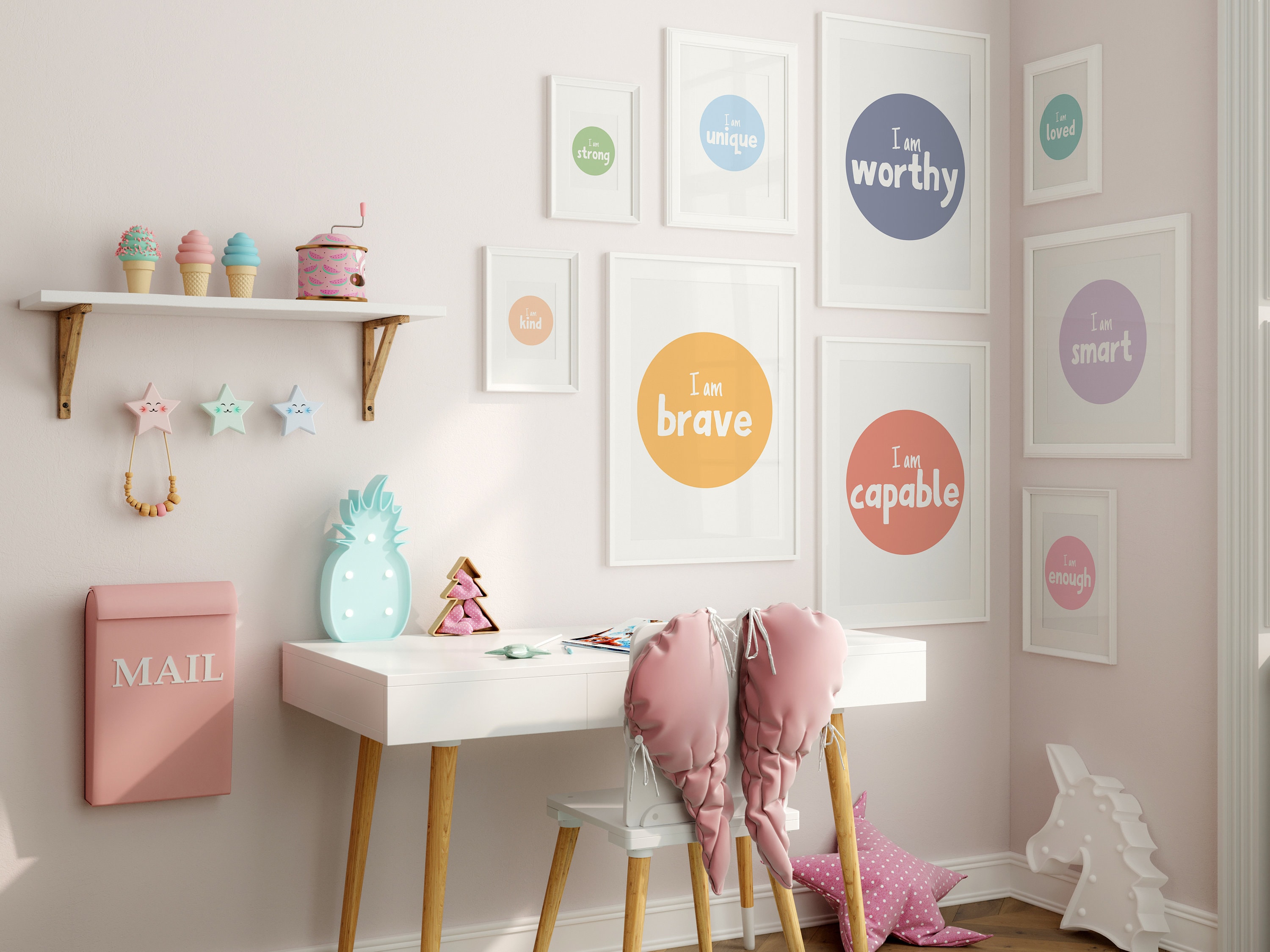 Positive Affirmations Print Set, Girls Bedroom Wall Art, Pastel Rainbow ...