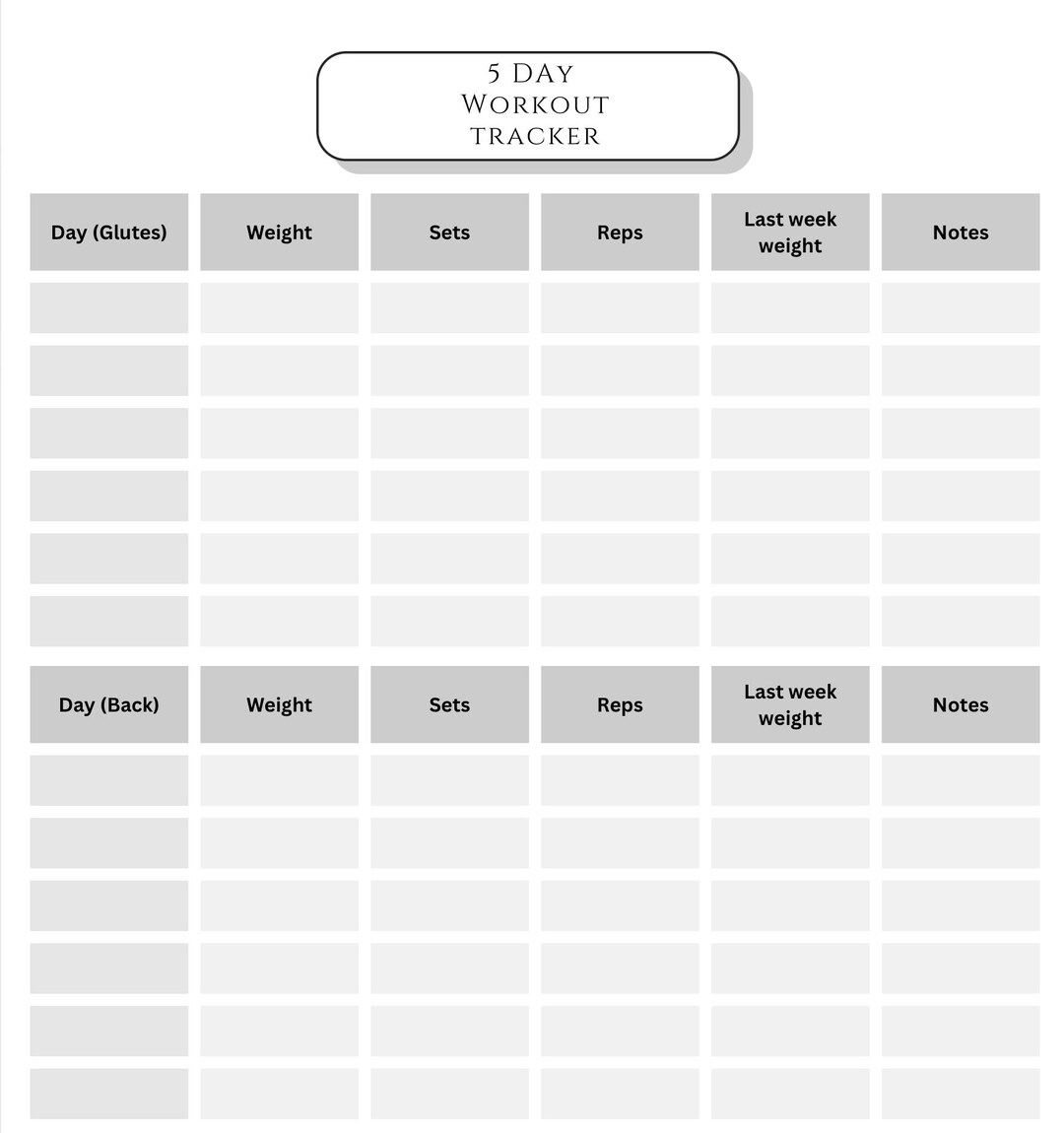 Workout Tracker, Tracker, Workout Planner, 5 Day Tracker, 5 Day Workout ...