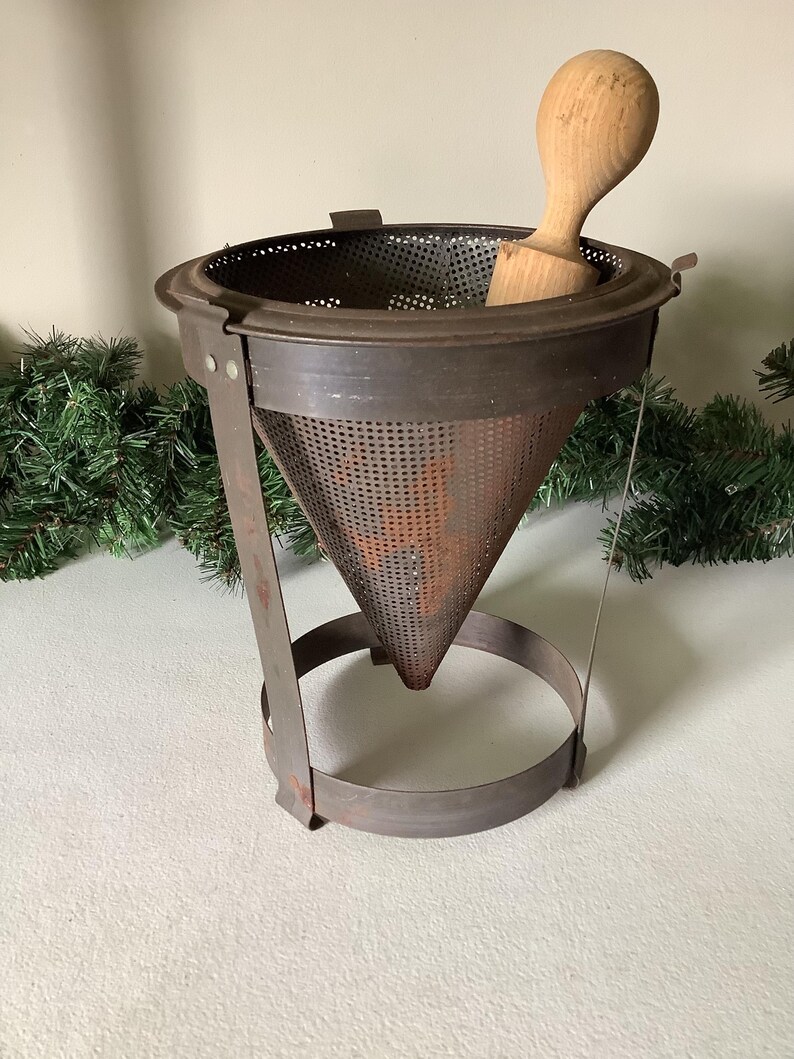 Vintage Metal Chinois Cone Shape Strainer & Pestle Primitive Kitchen ...