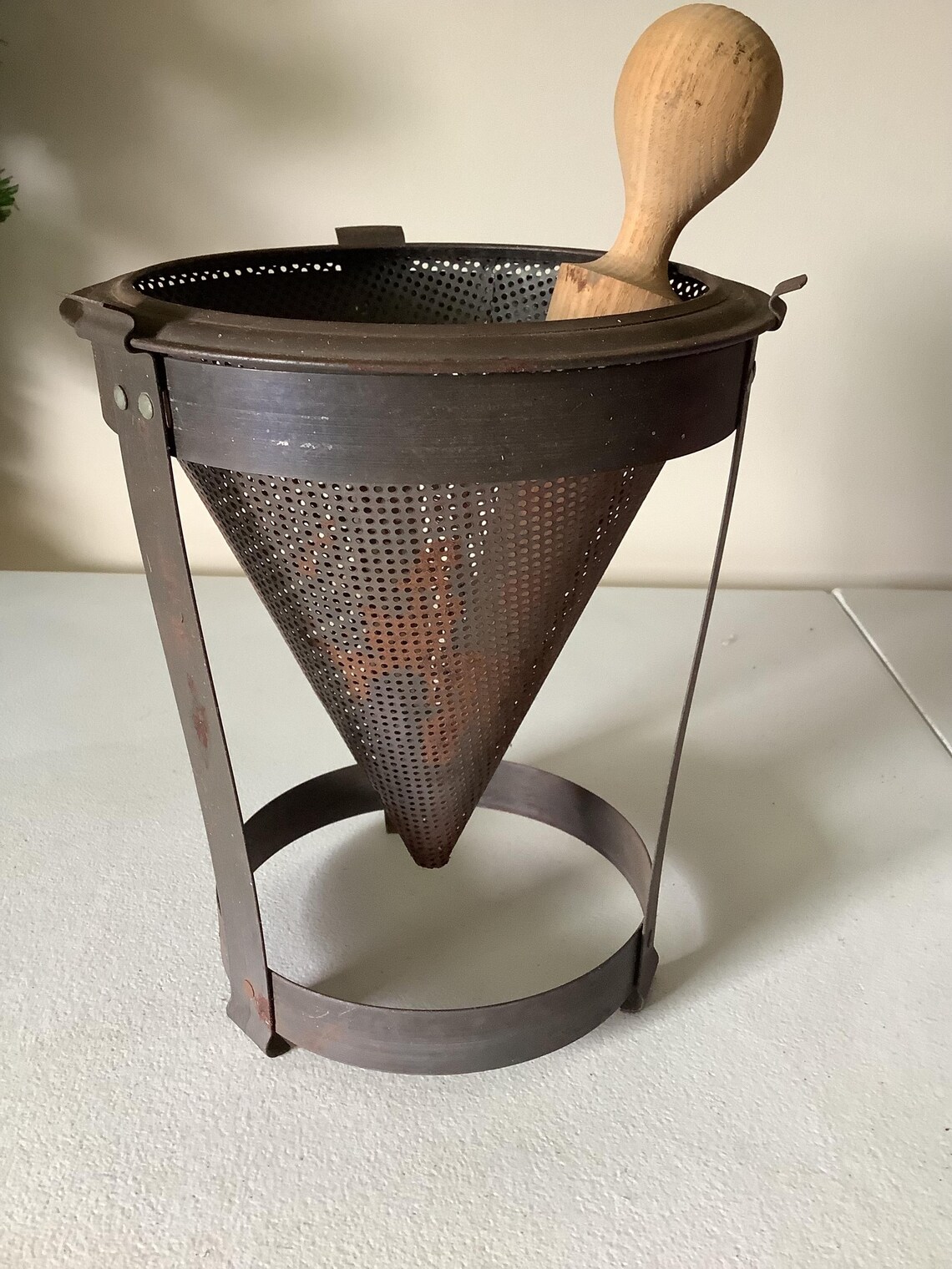 Vintage Metal Chinois Strainer With Wood Pestle: Rustic Kitchen Decor ...
