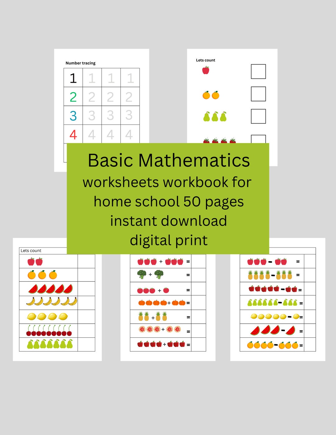 Basic Mathematics Worksheets Workbook for Home School 50 Pages Instant ...