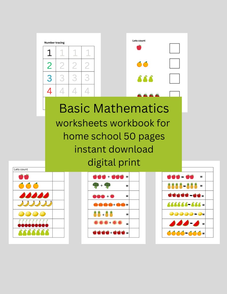 Basic Mathematics Worksheets Workbook for Home School 50 Pages Instant ...