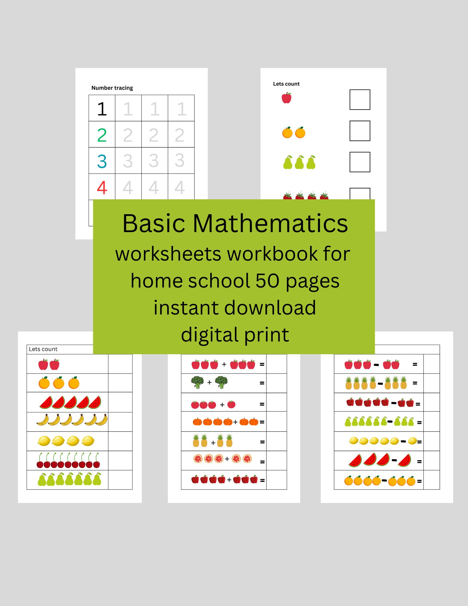 Basic Mathematics Worksheets Workbook for Home School 50 Pages Instant ...
