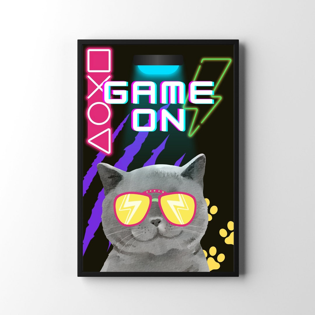 Wonderful Neon Cat Art Print Printable Gaming Poster Neon Cat Game Room ...