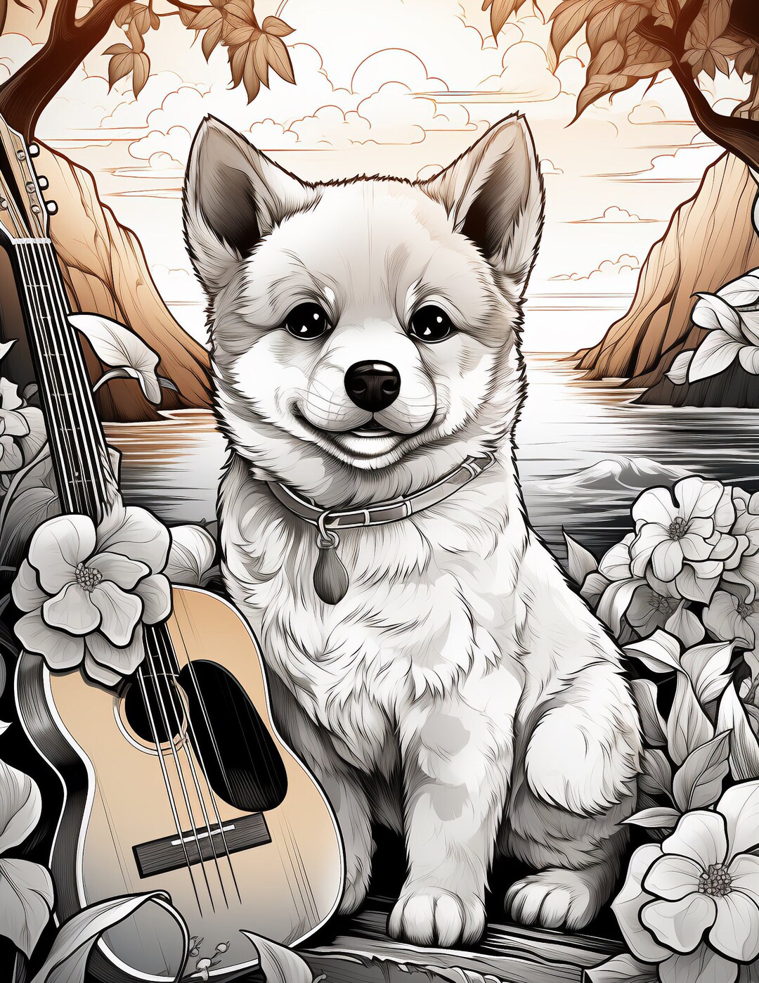 Shiba Inu Coloring PRINTABLE DOWNLOAD INSTANT Vintage Hawaii Ukulele ...