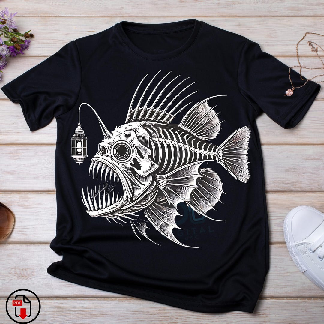 Anglerfish Skeleton PNG – Deep Sea Fish Vector for Dark Shirt Prints ...