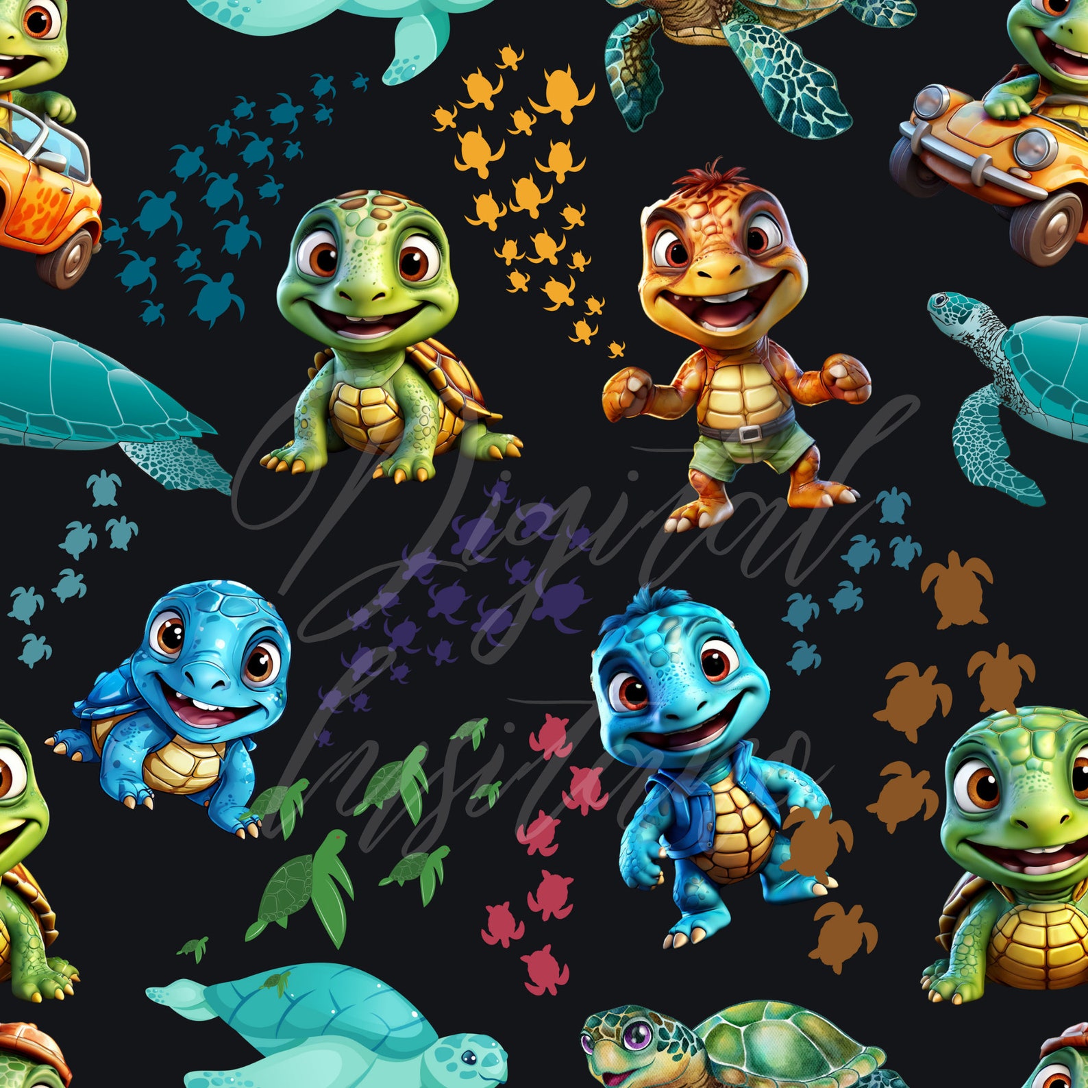 Cartoon Turtles Seamless Pattern PNG, Instant Download, Printable and ...