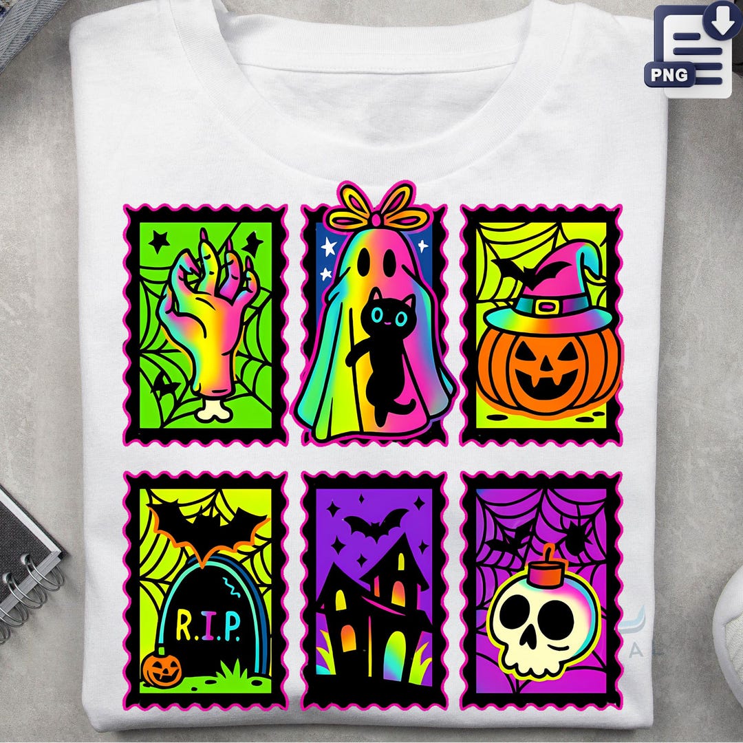 Neon Halloween Stamps PNG: Retro Spooky Ghost Designs (digital Download ...