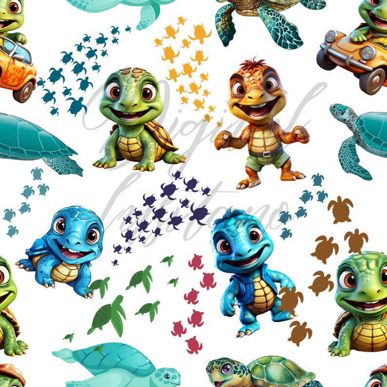 Cartoon Turtles Seamless Pattern PNG, Instant Download, Printable and ...
