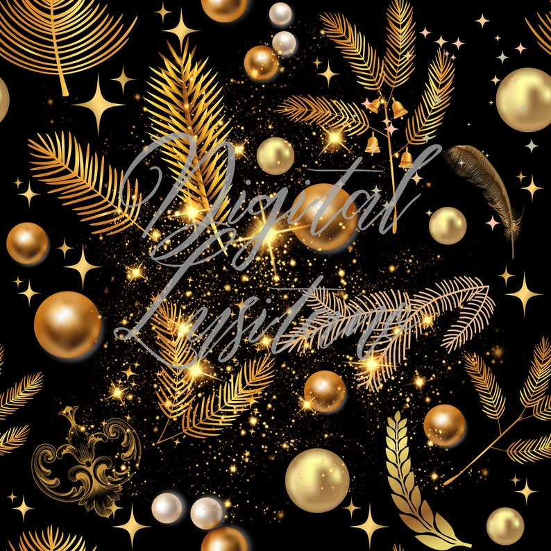 Gold Christmas Decorations Seamless Pattern: PNG Digital Design (12x12 ...