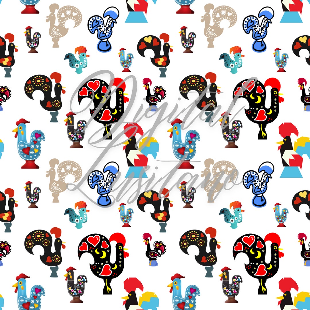 Portuguese Rooster Seamless Pattern: Galo De Barcelos, Fabric Print (5 ...