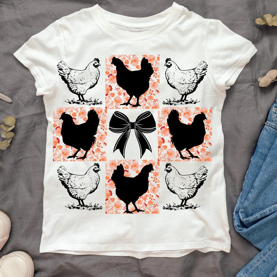 Retro Chicken PNG: Boho Checkered Floral Design (digital Download - Etsy