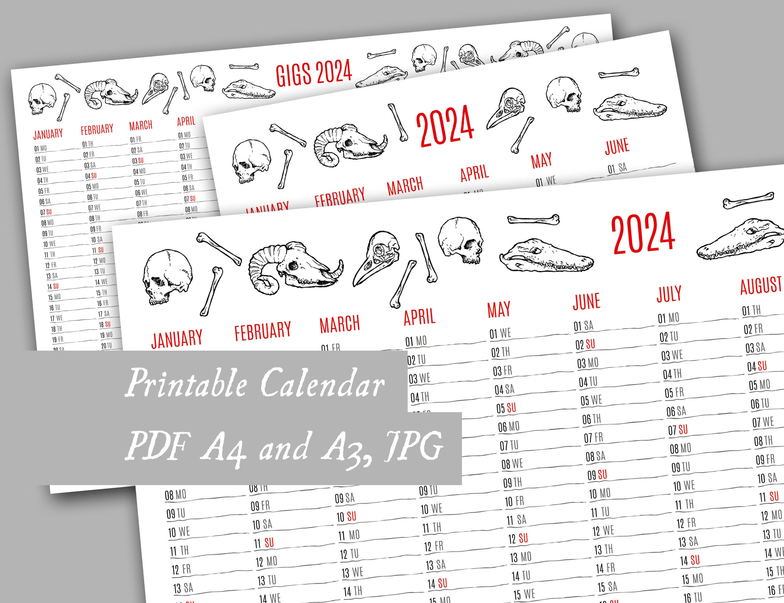 Printable gig Calendar 2024 skulls - Etsy