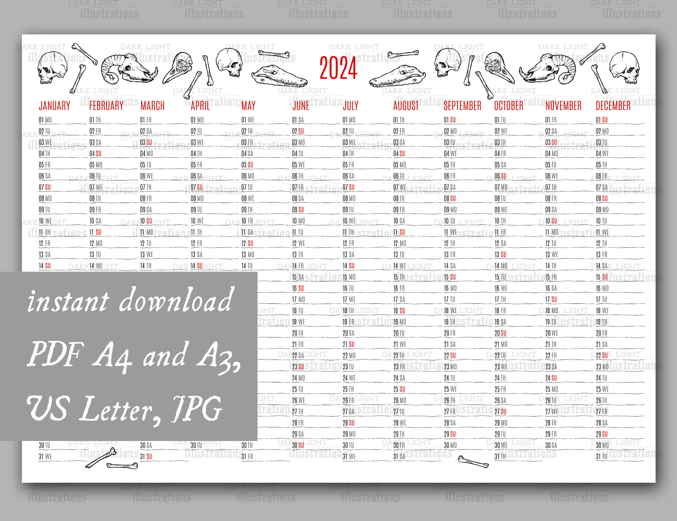 Printable gig Calendar 2024 skulls - Etsy