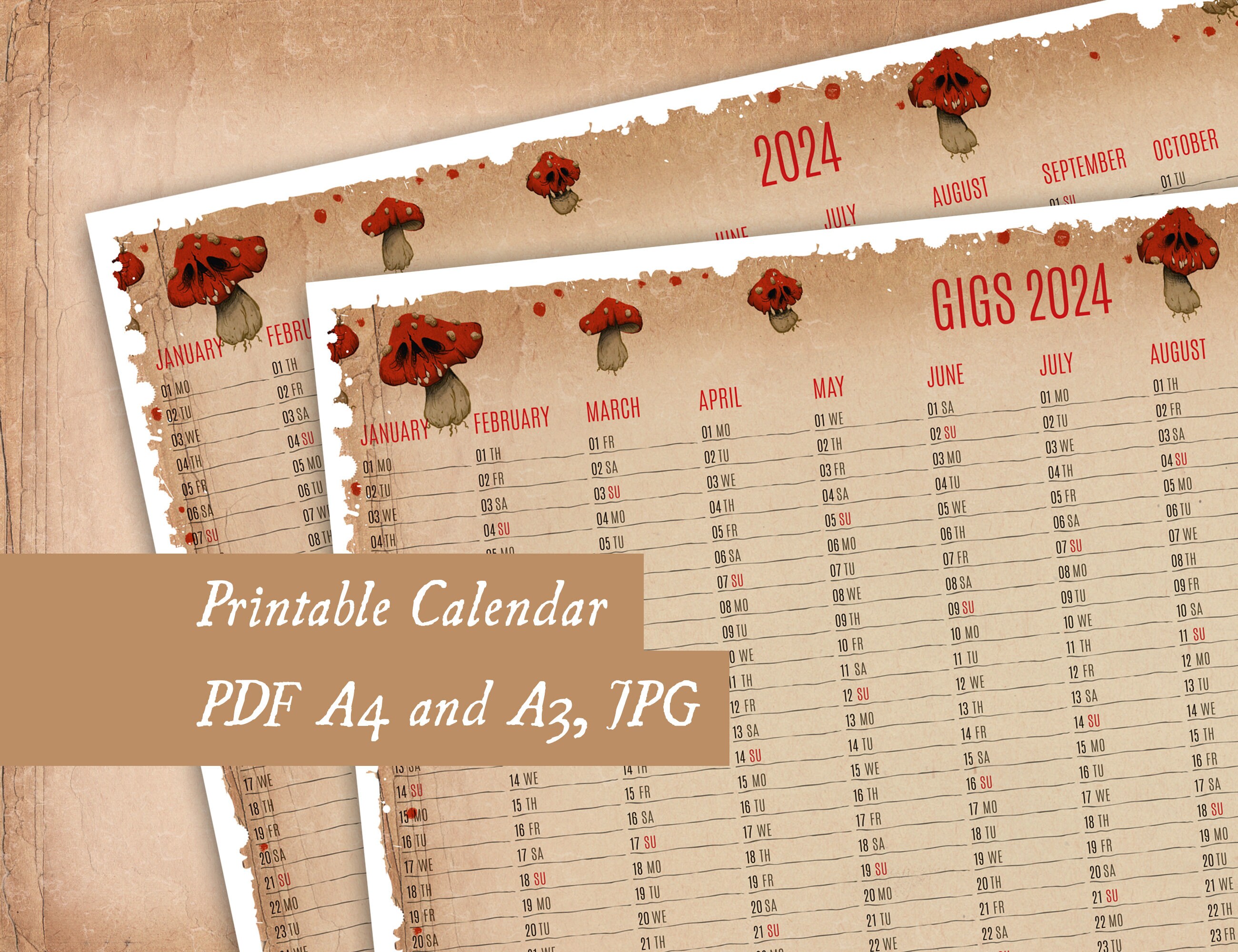 Printable gig Calendar 2024 mushrooms - Etsy