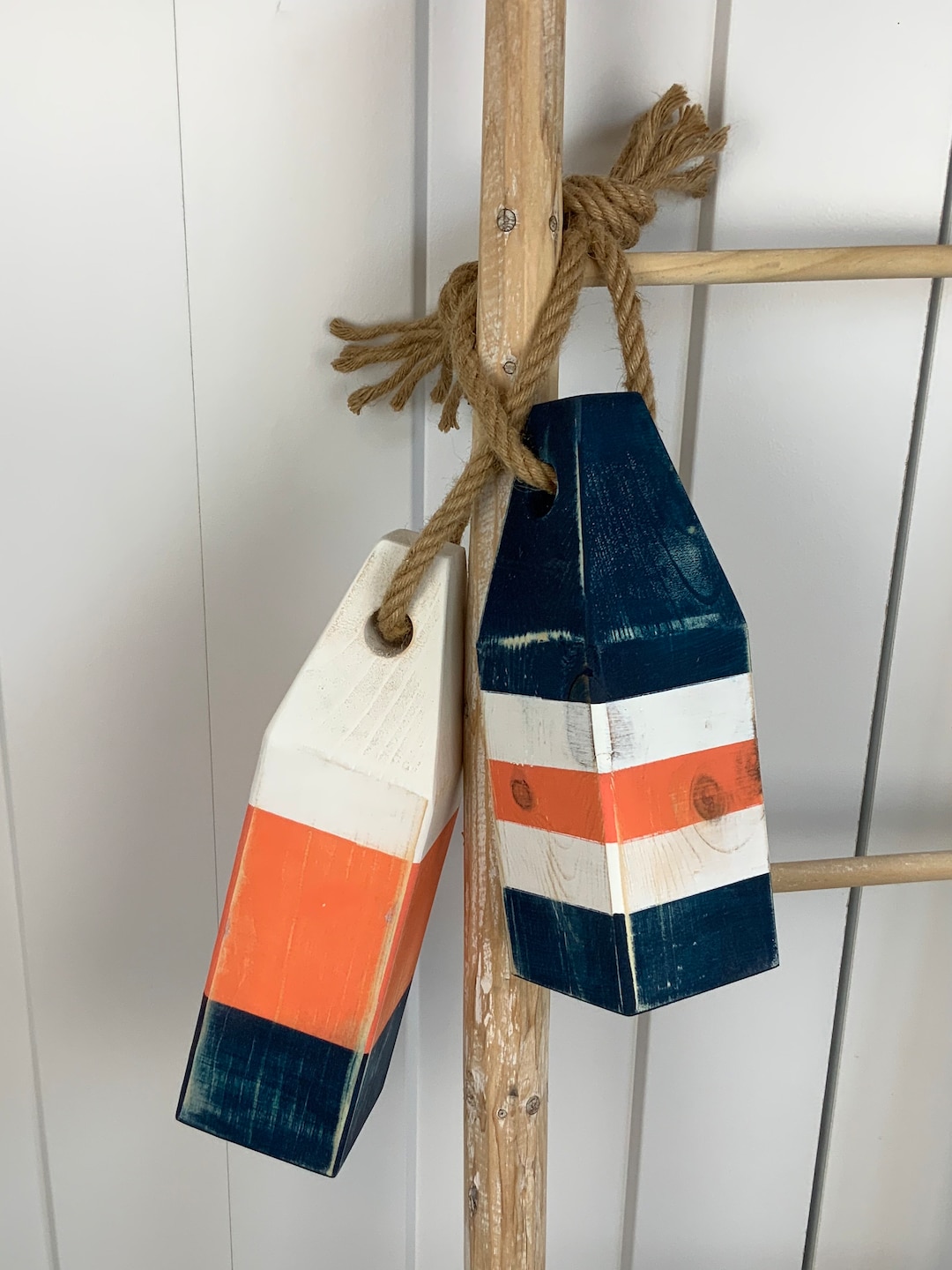 Wood Painted Lobster Buoys / Navy Blue and Coral / Coastal Decor ...