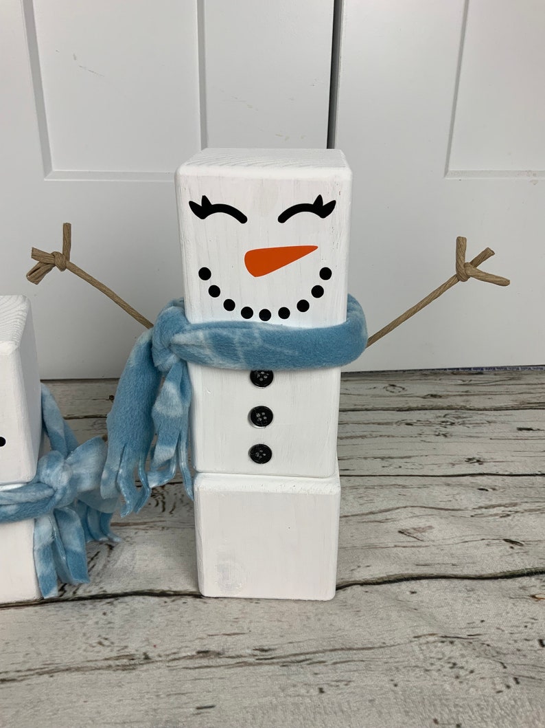 Wood Block Snowman / Snowman Family / Christmas Decor / Blue Scarf ...