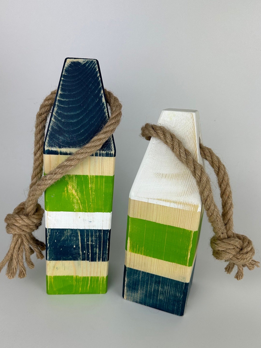 Wood Painted Lobster Buoys / Navy Blue Lime Green / Coastal Decor ...