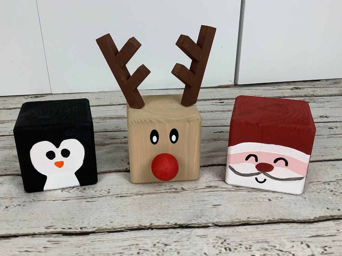 Christmas Wood Block Santa Penguin Reindeer / Rudolph / Christmas Decor ...