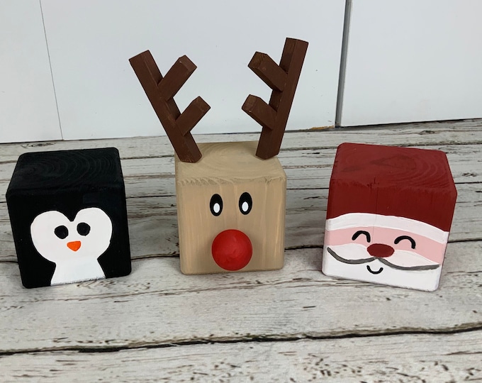 Christmas Wood Block Santa Penguin Reindeer / Rudolph / Christmas Decor ...