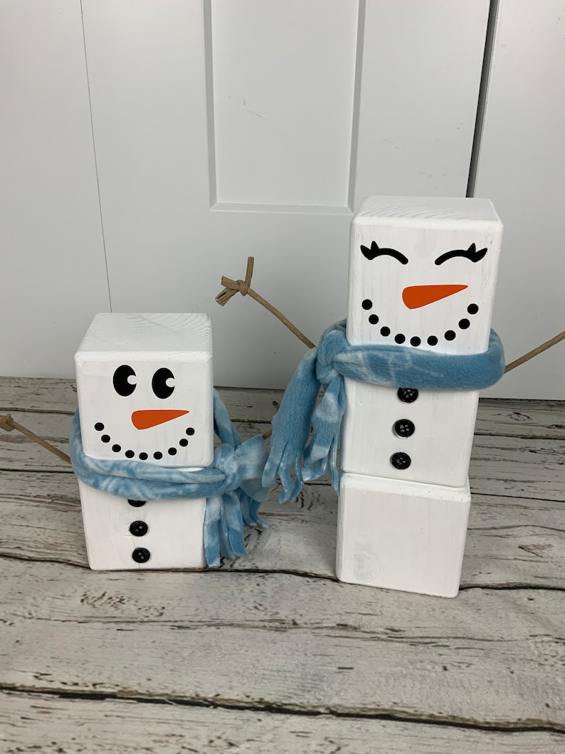 Wood Block Snowman / Snowman Family / Christmas Decor / Blue Scarf ...