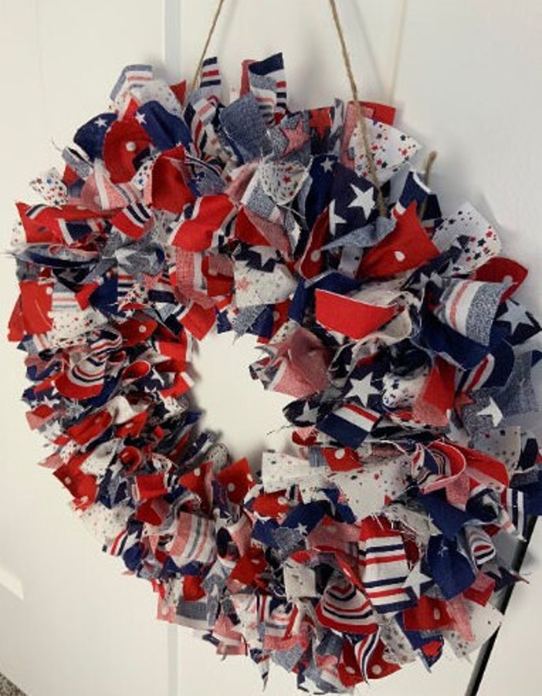SALE! Patriotic Red White Blue Fabric Wreath / Independence Day Decor ...