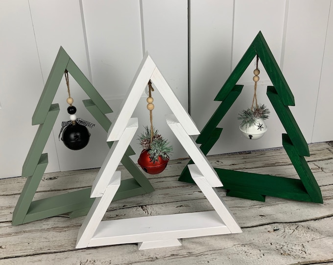 Handcrafted Wood Christmas Tree With Bell / Freestanding Wood Christmas ...