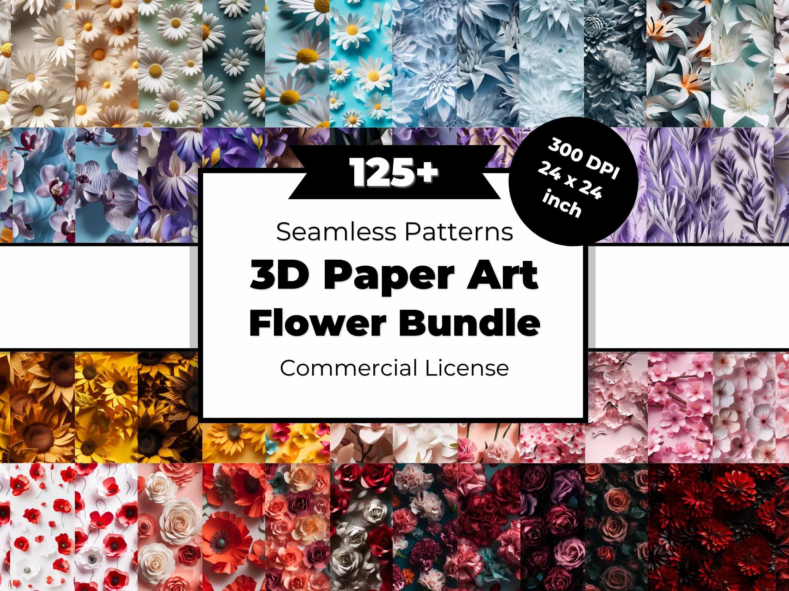 125+ 3D Paper Art Flower Bundle | Seamless Repeating Patterns | 300dpi | 24 X 24 Inch | 7200 X ...