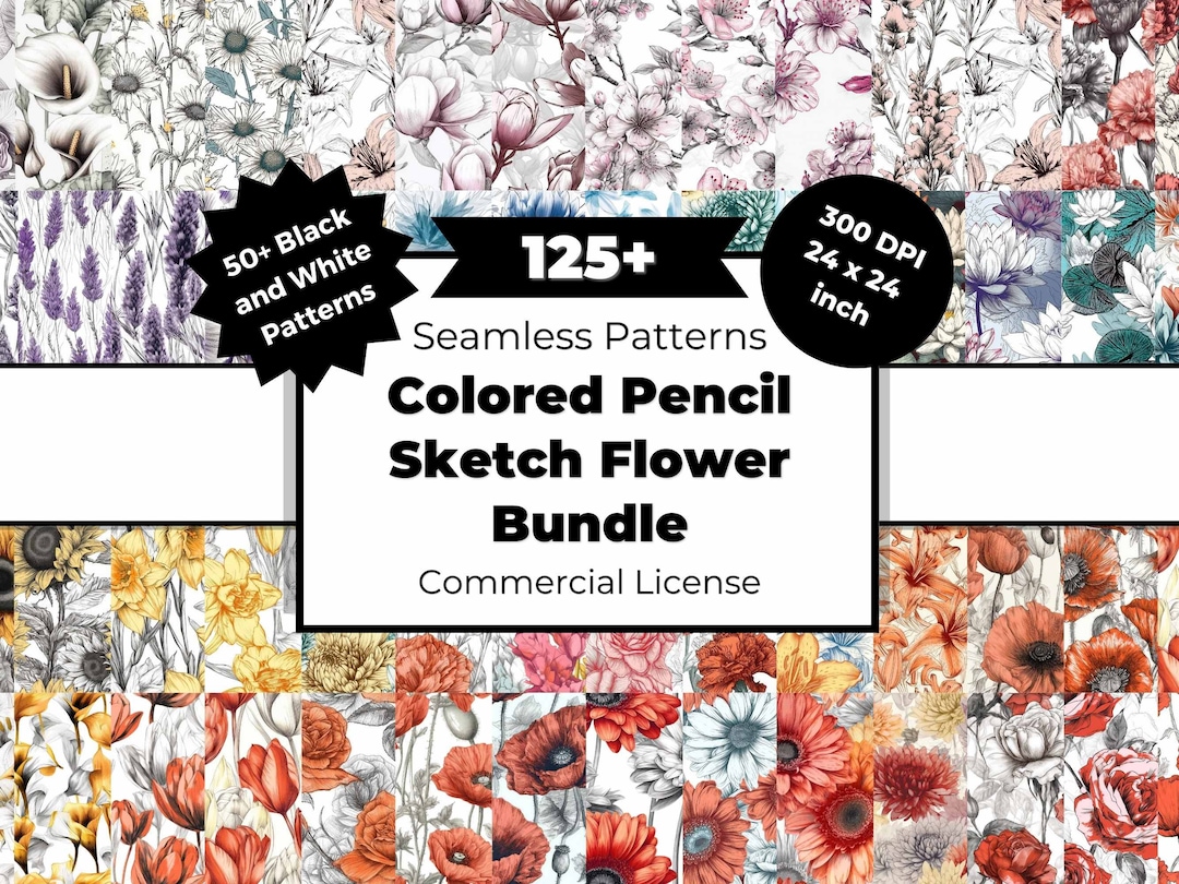125+ Colored Pencil Sketch Flower Bundle | Seamless Repeating Patterns ...