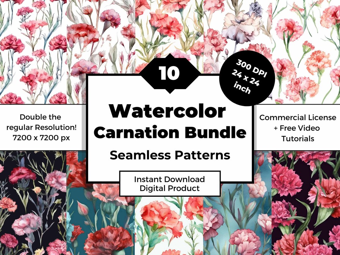 10 Watercolor Carnations Bundle Seamless Repeating Patterns - Etsy
