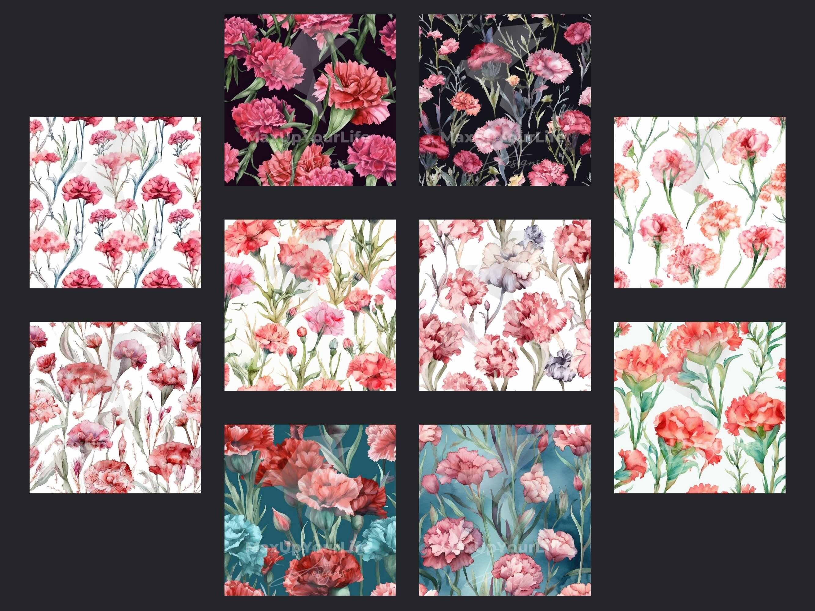 10 Watercolor Carnations Bundle Seamless Repeating Patterns - Etsy