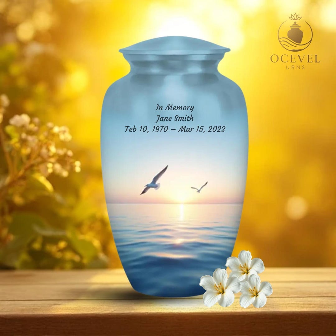 Ocean Sunset Urn for Ashes | Seagull Memorial Cremation Urn | Peaceful ...