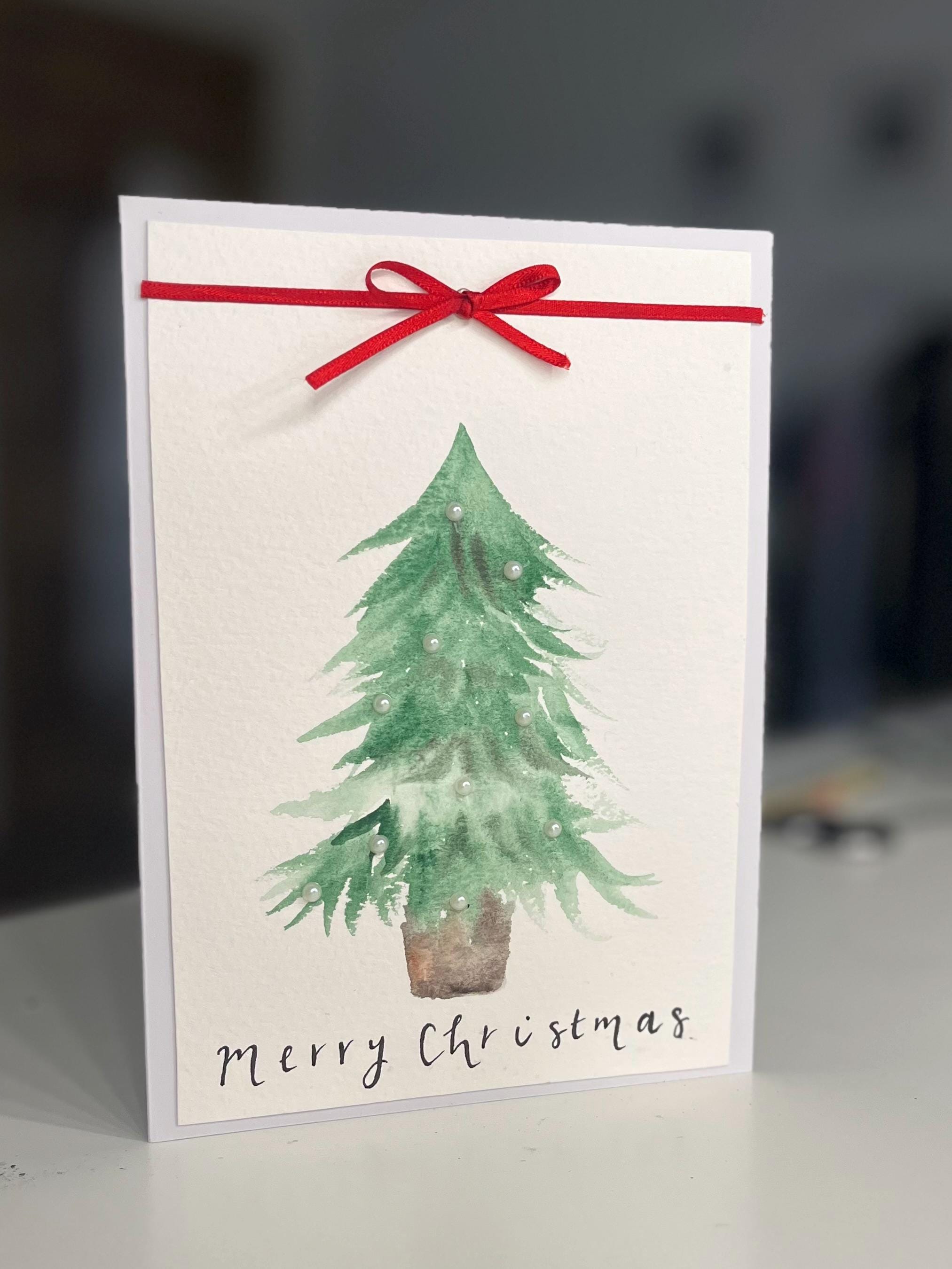 Hand Painted Watercolour Christmas Card With Pearls and Ribbon. - Etsy UK