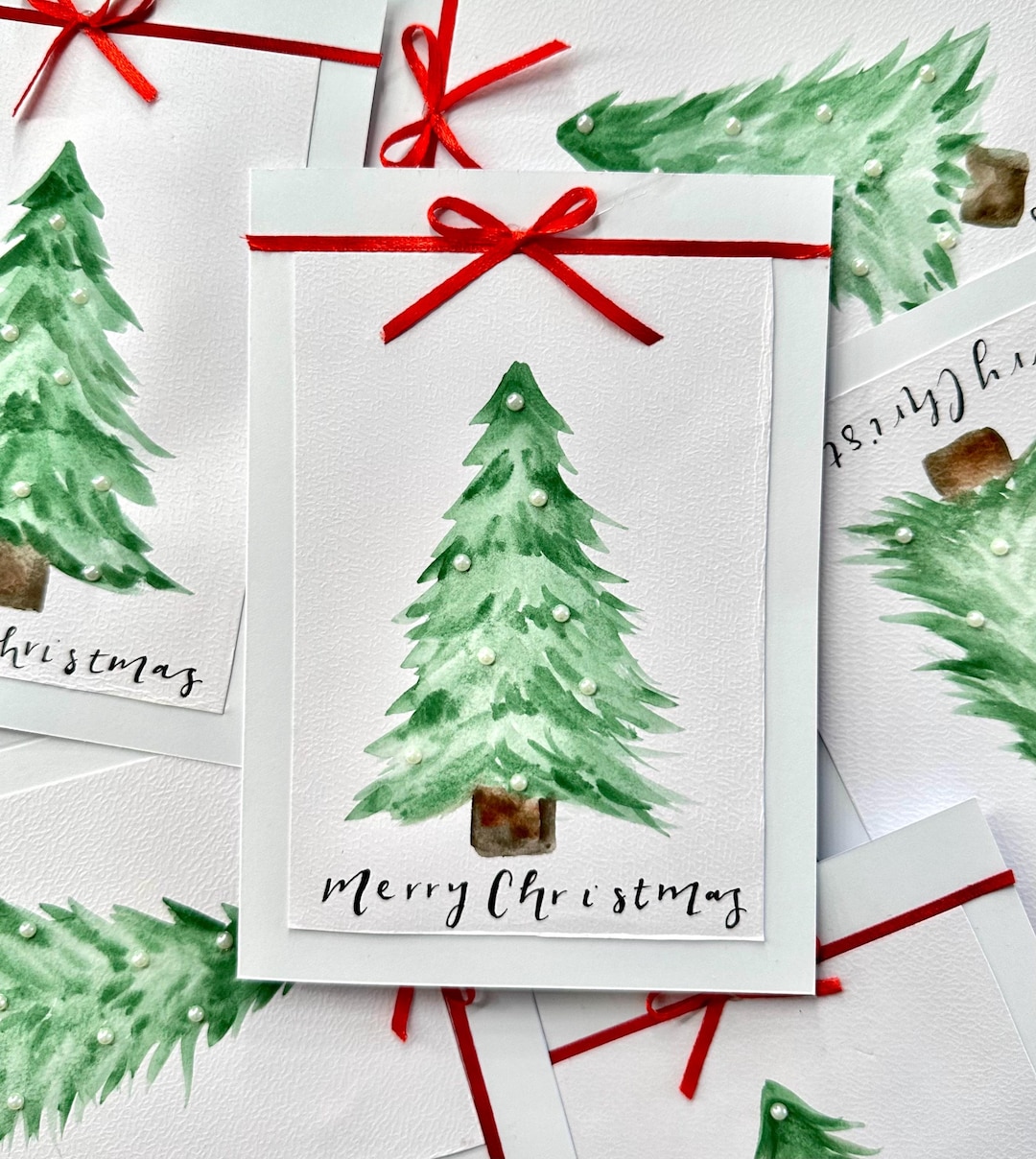Hand Painted Watercolour Christmas Card With Pearls and Ribbon. - Etsy UK