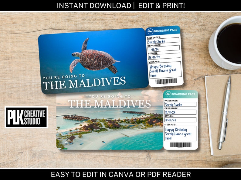 MALDIVES Surprise Boarding Pass Ticket Printable Ticket Surprise Trip ...