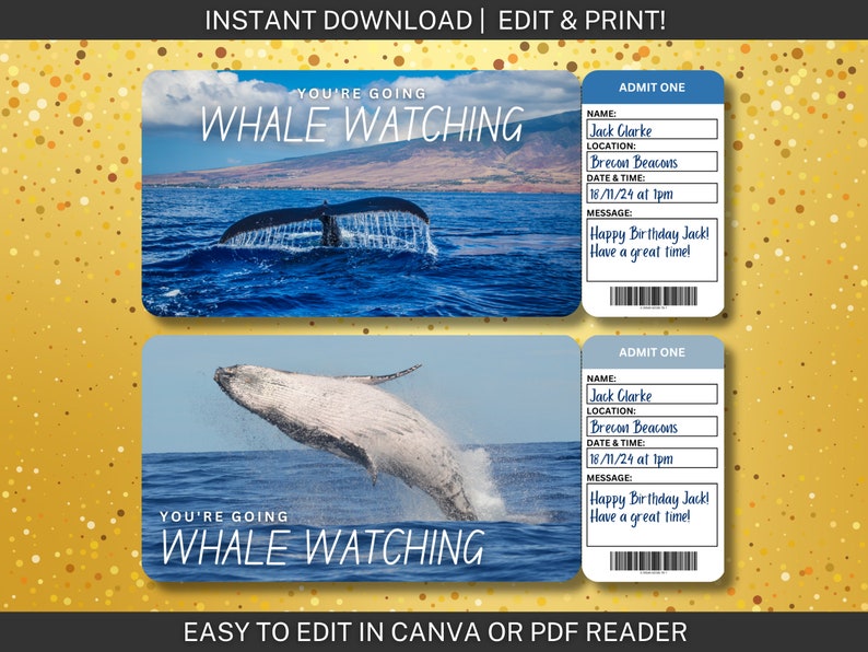 WHALE WATCHING Surprise Ticket Printable Ticket Surprise Experience ...