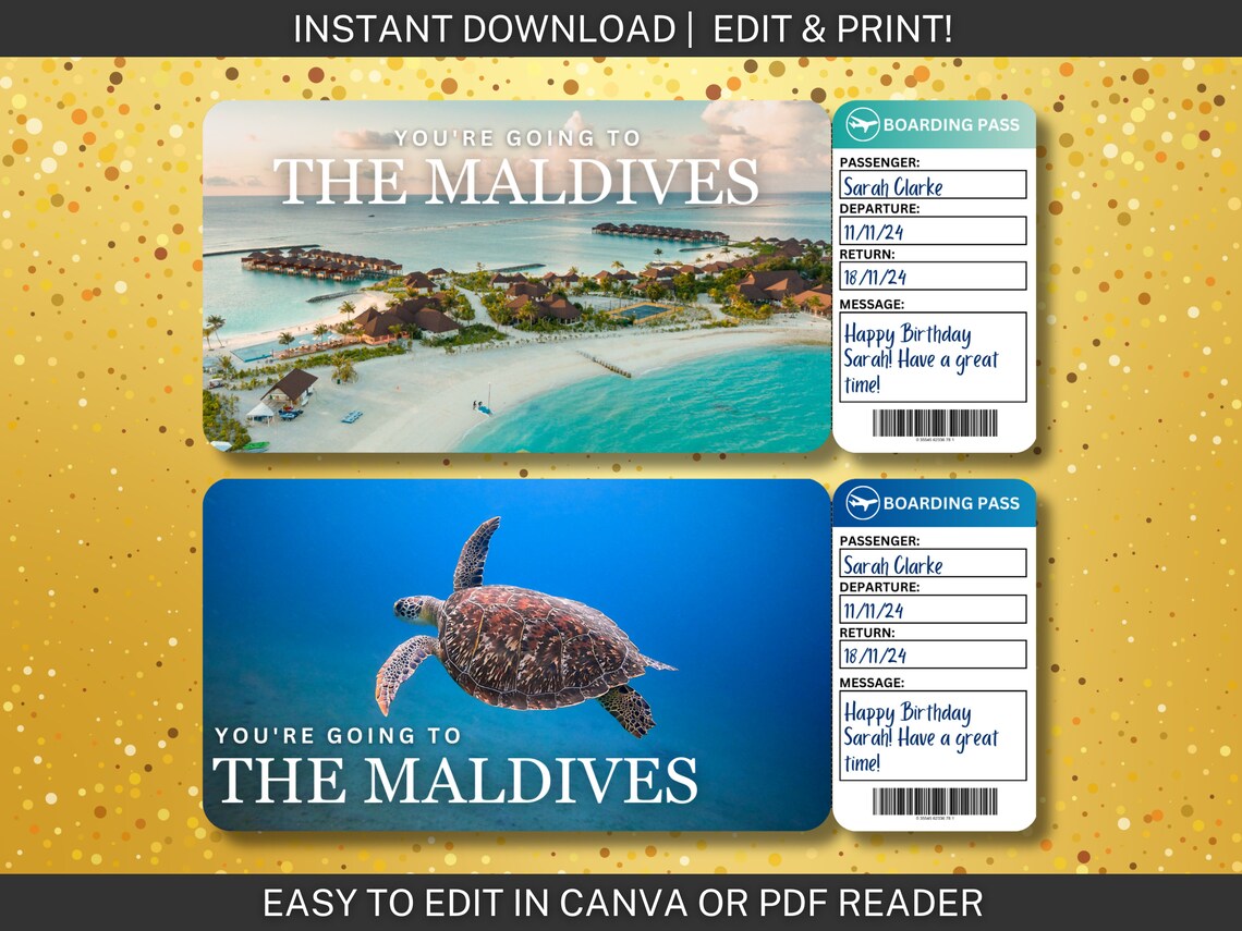 MALDIVES Surprise Boarding Pass Ticket Printable Ticket Surprise Trip ...