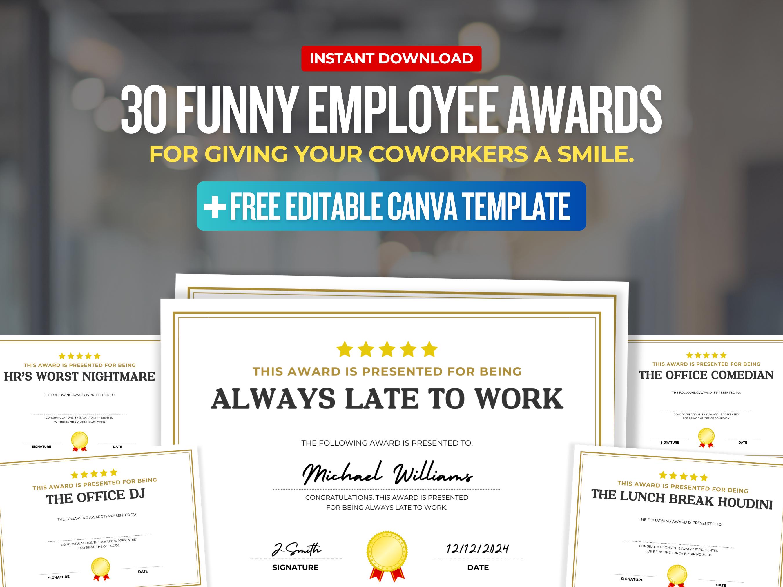30 Funny Office Awards: Printable Employee Certificates (instant ...